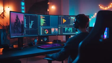 A Professional Video Editor Working Late At Night Multimonitor Setup