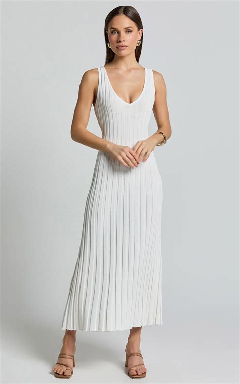 Maya Midi Knit Dress Sleeveless V Neck Knited Dress In White Showpo