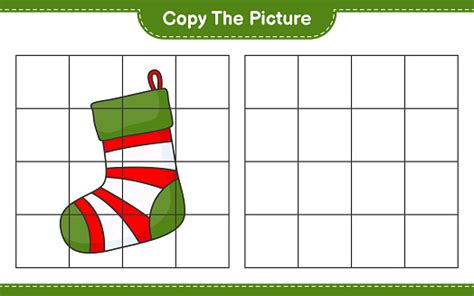 그림을 복사 그리드 라인을 사용하여 크리스마스 양말의 사진을 복사합니다 교육 어린이 게임 인쇄 워크 시트 벡터 일러스트레이션 0명에 대한 스톡 벡터 아트 및 기타 이미지