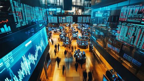 A Bustling Stock Market Trading Floor With Digital Screens Showing