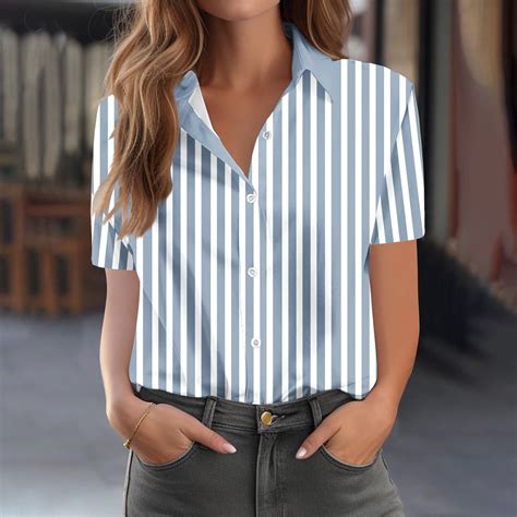 Button Down Shirt For Women Classic Sailor Stripe Pattern Collared Neck