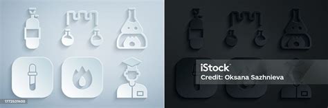 화염 시험관 플라스크에 불을 붙이고 피펫 실험실 조교 그리고 프로판 가스 탱크 아이콘을 설정합니다 벡터 3차원 형태에 대한 스톡 벡터 아트 및 기타 이미지 Istock