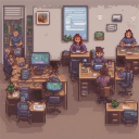 Pixel Art Depicting A Bustling Classroom With Students And Computers