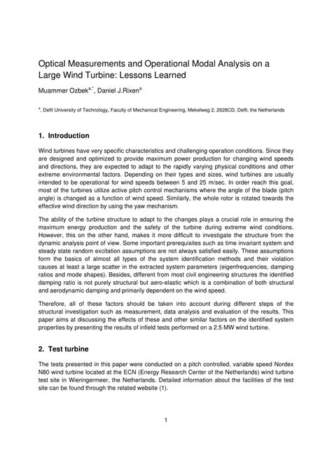 Pdf Optical Measurements And Operational Modal Analysis On A Large Wind Turbine Lessons Learned