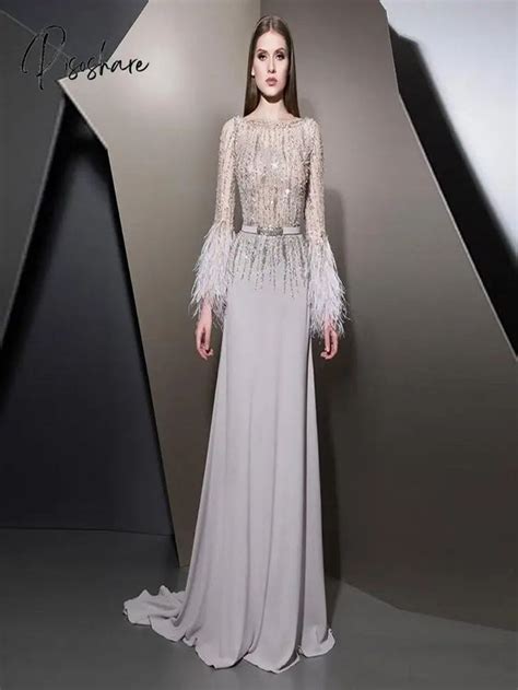 Illusion Top A Line Feather Evening Dresses Scoop Neck Long Sleeve