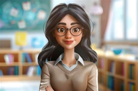 Illustration Cartoonfemale Teacher In Classroom Premium Ai Generated