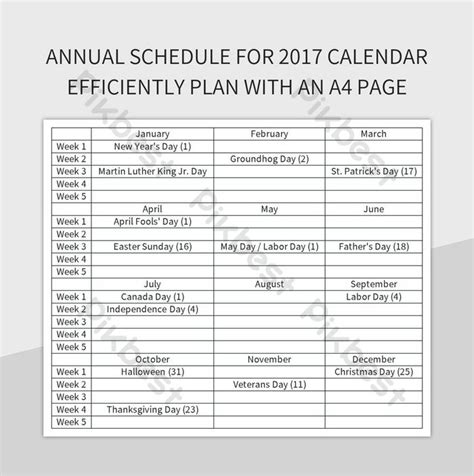 Annual Schedule For 2017 Calendar Efficiently Plan With An A4 Page