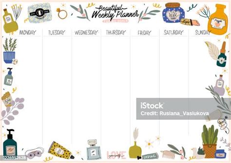 주간 또는 일일 플래너 노트 종이 할 목록 귀여운 아름다움 화장품 일러스트와 트렌디 한 레터링으로 장식 스티커 템플릿의 컬렉션 0명에 대한 스톡 벡터 아트 및 기타 이미지