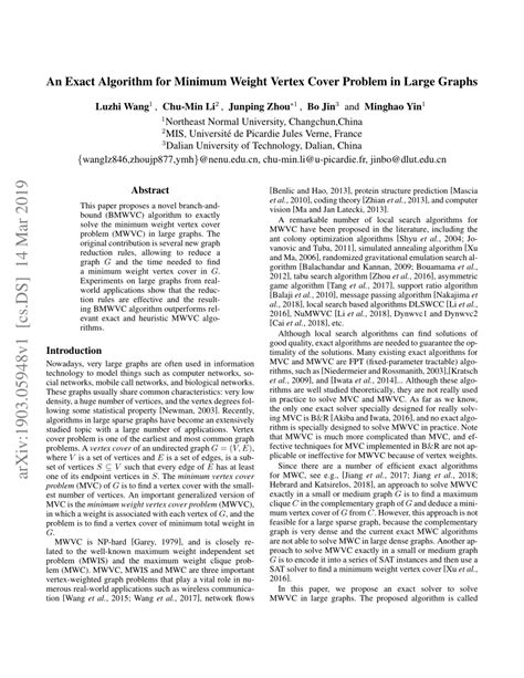 PDF An Exact Algorithm For Minimum Weight Vertex Cover Problem In