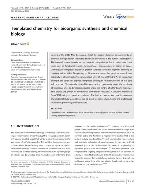 Pdf Templated Chemistry For Bioorganic Synthesis And Chemical Biology