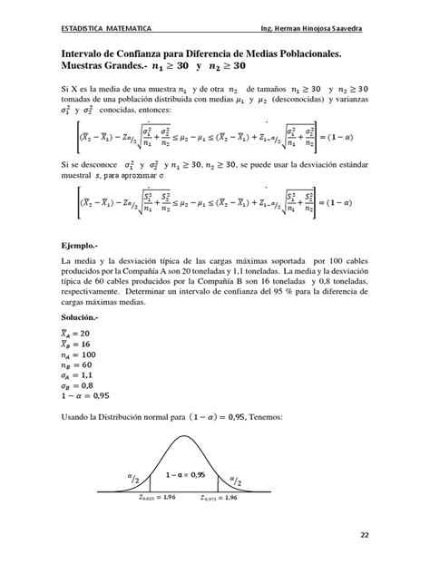 Intervalo Diferencia De Medias Poblacionales Muestras Grandes Pdf