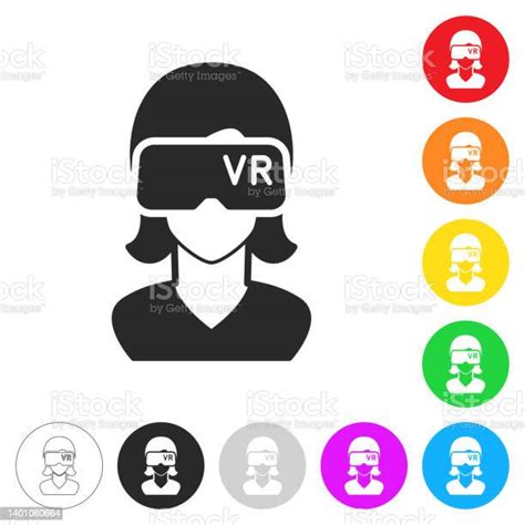 Vr 헤드셋을 가진 여성 가상 현실 다채로운 버튼의 아이콘 360도 촬영에 대한 스톡 벡터 아트 및 기타 이미지 360도