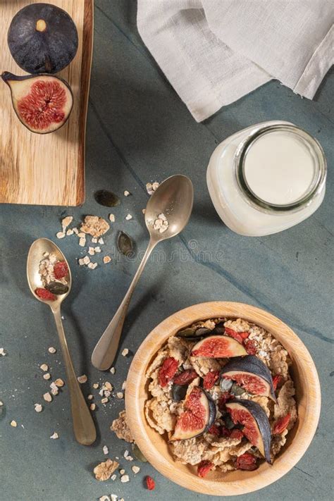 Granola For Healthy Breakfast Bowl With Granola Milk Fresh Fig And