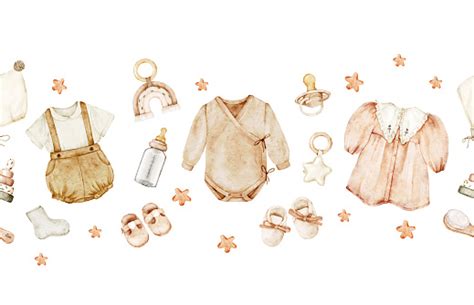 수채화 아기 장난감 옷 및 액세서리와 원활한 테두리 베이비 샤워 포스터 엽서 포장 스크랩북 템플릿 0명에 대한 스톡 벡터 아트 및 기타 이미지 Istock