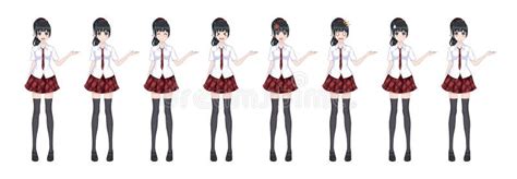 Anime Manga Schoolgirl Plaid Red Skirt Tie Pattern Stock Vector