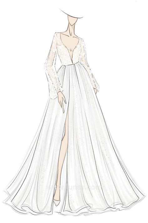 Illusion Lace Long Sleeve High Slit Bridal Dress Sketch Lunss
