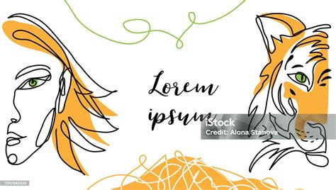 호랑이와 여자 반 얼굴 머리 그림 벡터 일러스트레이션 배너 포스터 배경 호랑이의 연속 한 줄 아트 드로잉 호랑이에 대한 스톡