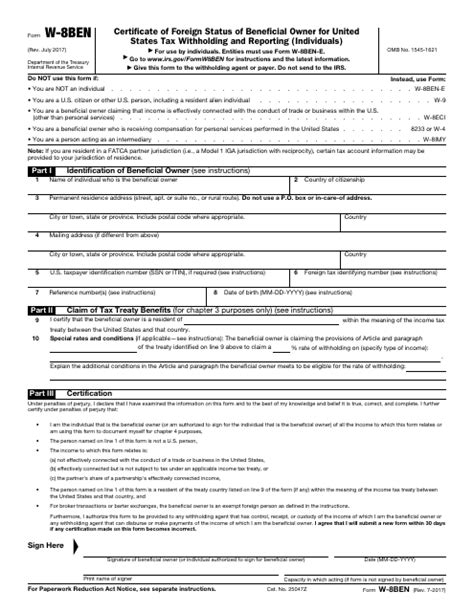 Irs Form W 8ben Fill Out Sign Online And Download Fillable Pdf