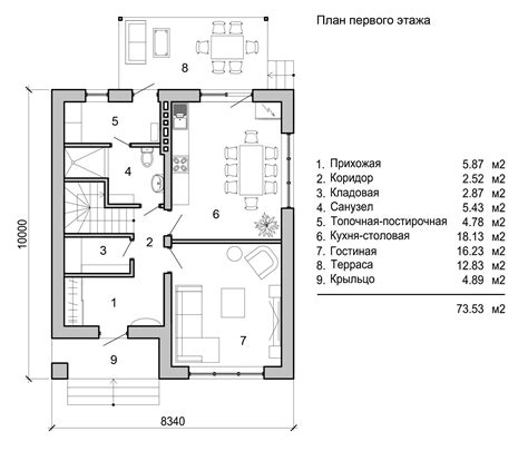 План первого этажа двухэтажного коттеджа более 150м2 с балконом над