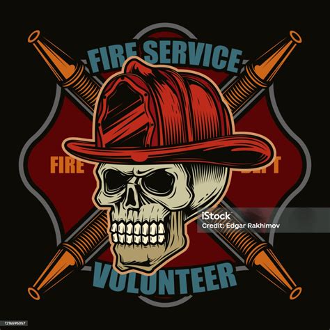 빈티지 스타일의 오리지널 벡터 일러스트레이션입니다 화재 헬멧의 해골 인쇄 로고 또는 티셔츠용 일러스트레이션 소방관에 대한 스톡 벡터 아트 및 기타 이미지 Istock