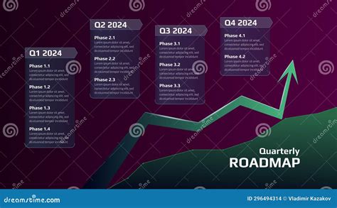 Roadmap With Upward Trend Arrow And Many Colored Stages On Dark Purple