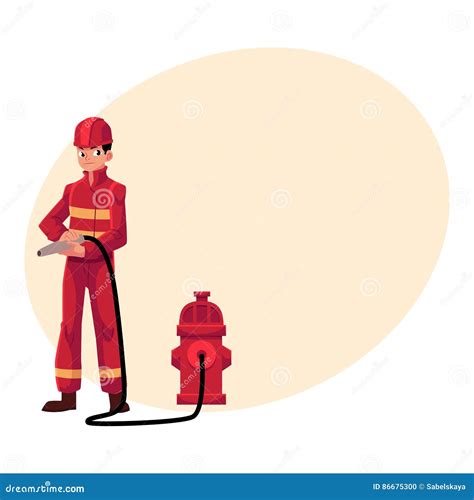 Firefighter Fireman In Red Protective Suit Holding Fire Hose Hydrant
