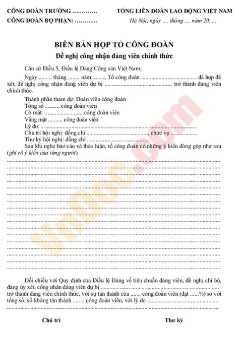 Biên Bản Họp Tổ Công đoàn đề Nghị Công Nhận đảng Viên Chính Thức
