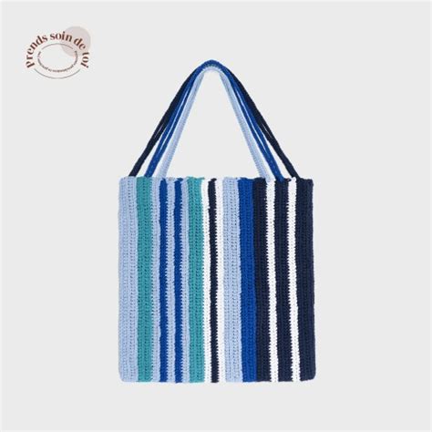 리사이클링 스트라이프 니트 쇼퍼백 숄더백 블루