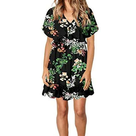 Htnbo Womens Ruffle Flowy Dresses Above Knee Short Sleeve Loose Smocked