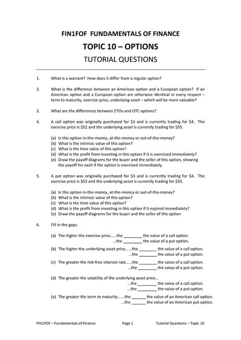 FOF Topic Tutorial Questions FIN FOF FUNDAMENTALS OF FINANCE TOPIC OPTIONS TUTORIAL