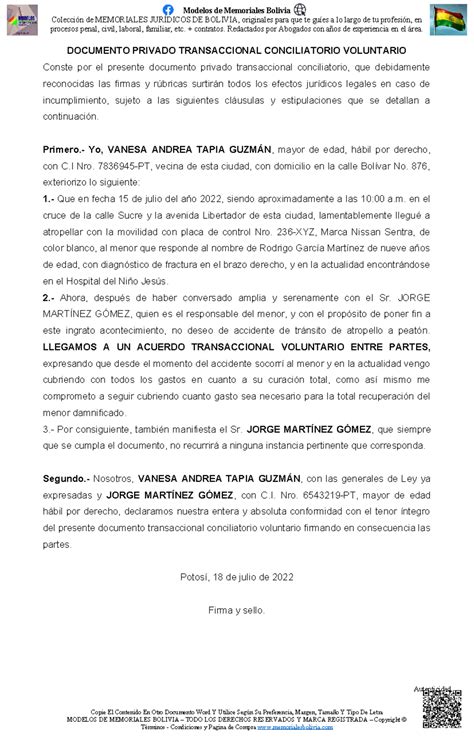 Acuerdo Transaccional Conciliatorio Accidente DE Transito