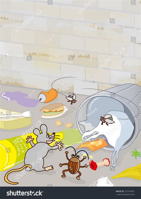 Mouse Cockroach Flies Smiling Near Trash Stock Vector Royalty Free