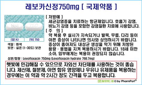 팜포트 레보카신정750mg 레보플록사신수화물 Levofloxacin Hydrate 국제약품 약품정보 복약안내문