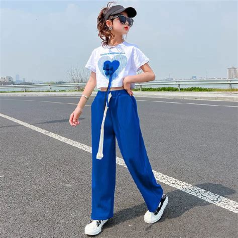 어린이 크롭탑 트렌드 짧은 티셔츠 조끼 및 스트라이프 와이드 레그 팬츠 2022 십대 여름 아기 옷 9 10 12 13 세 Aliexpress