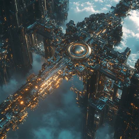 Futuristic Cityscape With Glowing Structures And Clouds Stock Illustration Illustration Of