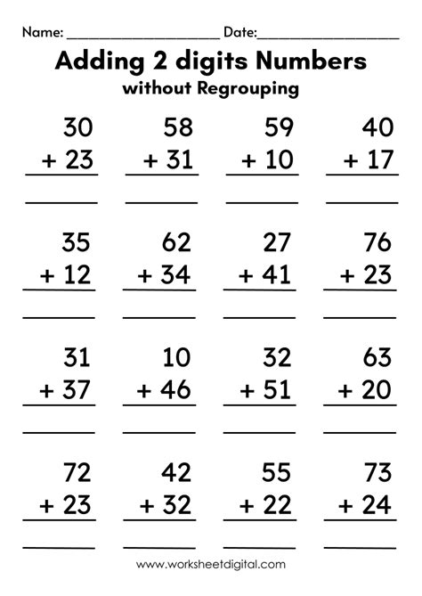 Adding Two Digit Numbers Without Regrouping Worksheet Multi Digit