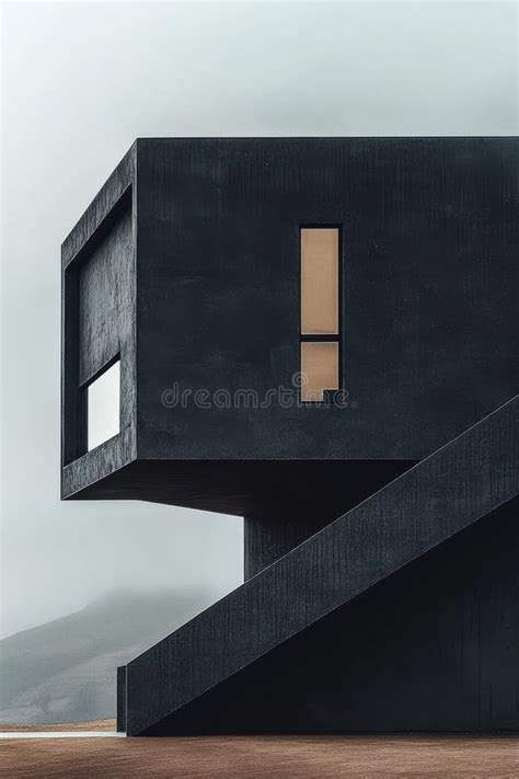 Dark Modern Cube Building With Stairs And Small Window Minimalist Design And Structure Stock