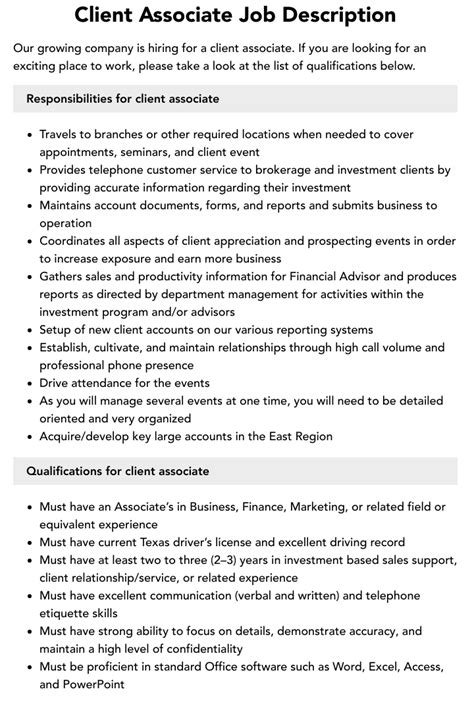 Client Associate Job Description Velvet Jobs
