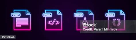 Setel Baris Dokumen File Txt Html Eps Dan Css Ikon Neon Bercahaya