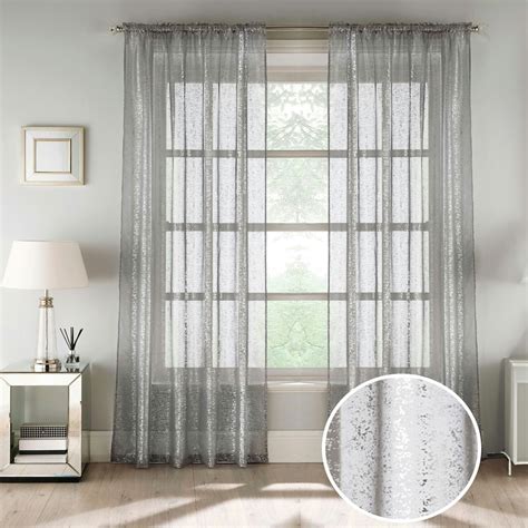 Pair Of Pandora Grey Metallic Print Voile Panels 137 Cm 54 Inch Rod