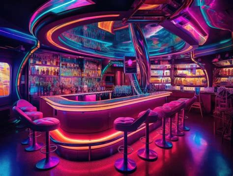 Futuristic Neonlit Bar With Holographic Displays Stock Illustration