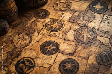 Detailed Map Featuring Ancient Symbols And Compass Designs For Treasure Hunting Or Exploration