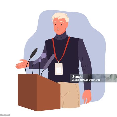 안경과 검은 색 정장을 가진 남성 지도자는 손을 위로 자신감 넘치는 연설을 제시하고 트리뷴 만화 벡터 일러스트 레이 션에 서있는 사람 마이크를 들고 연단에서 연설하는 남성