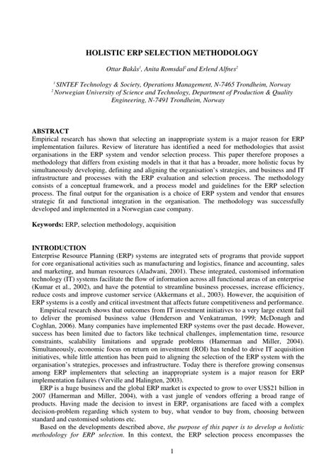 Pdf Holistic Erp Selection Methodology