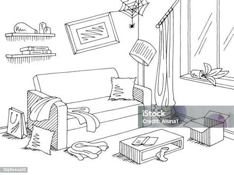 거실 그래픽 블랙 화이트 홈 인테리어에서 식당 스케치 그림 벡터 지저분한에 대한 스톡 벡터 아트 및 기타 이미지 지저분한