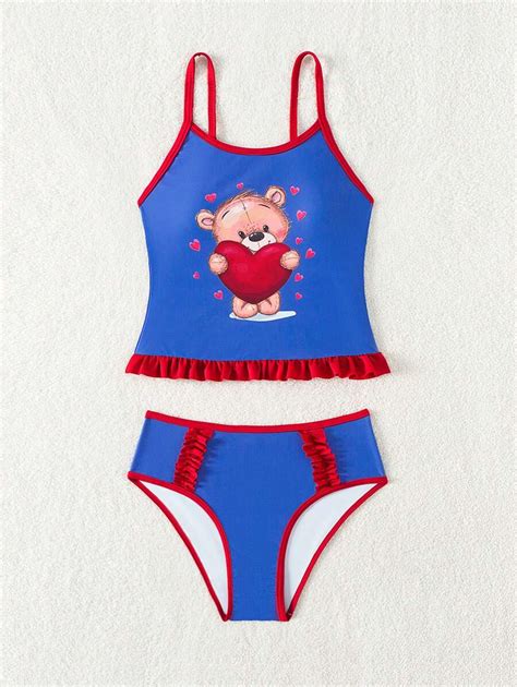 Tween Girl Bear Heart Printed Tank Top And Bikini Bottoms Two Piece Swimsuit Set SHEIN ASIA