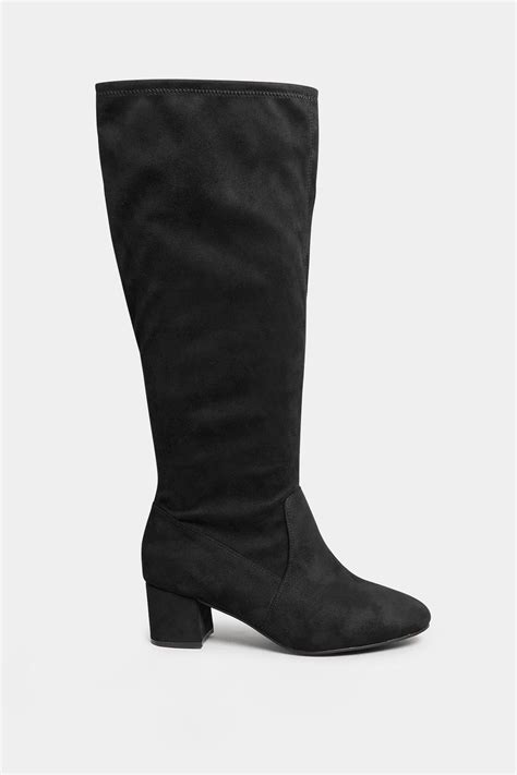 Black Faux Suede Stretch Knee High Boots In Wide E Fit And Extra Wide Eee
