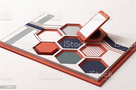 기술 개념 오렌지와 블루 색상의 기하학적 모양 플랫폼의 추상 적 구성스마트 폰 3d 렌더링 0명에 대한 스톡 사진 및 기타 이미지 Istock