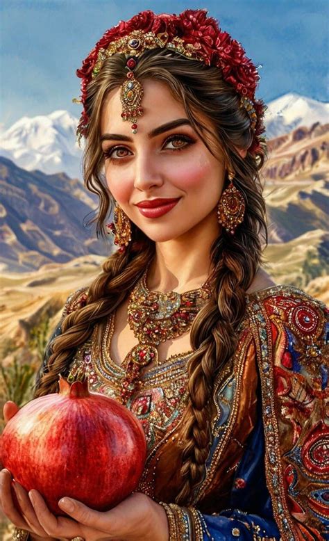 армянская девушка с гранатом Портрет Иллюстрации Картинки