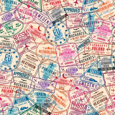 Passport Stamp Seamless Pattern International Arrivals Sign Rubber